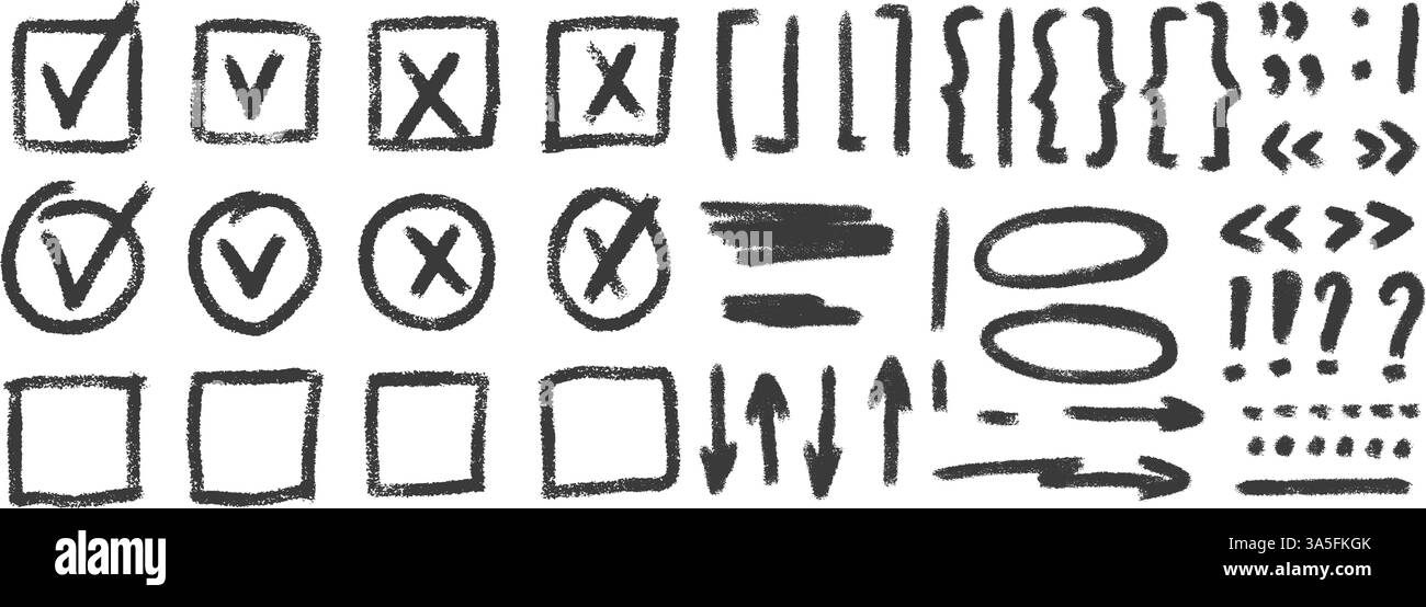 Check marks, arrow doodle set. Charcoal underlines, quotation marks ...