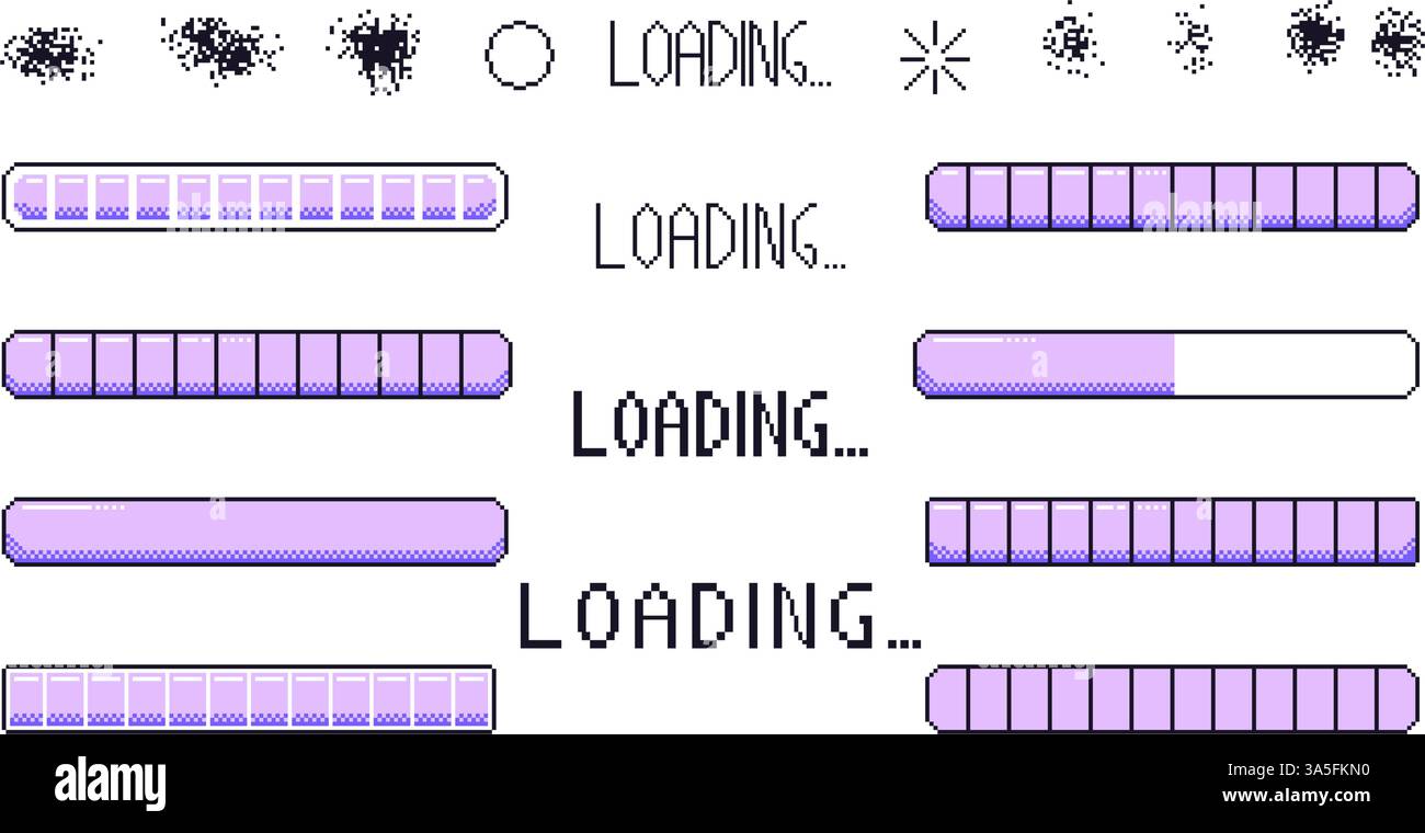 Pixel art loading bar interface. 8 bit game progress button elements set and text. Waiting signs ...