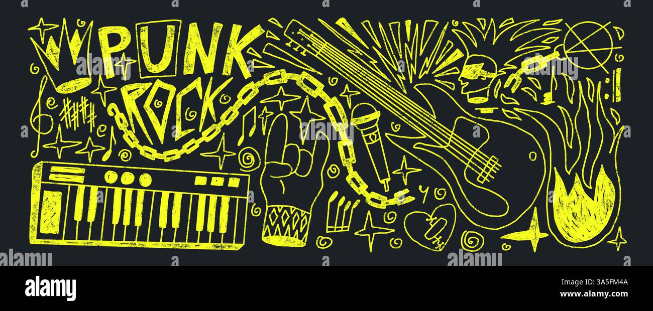 Rock and roll music highlight crayon drawn set. Punk festival doodle ...