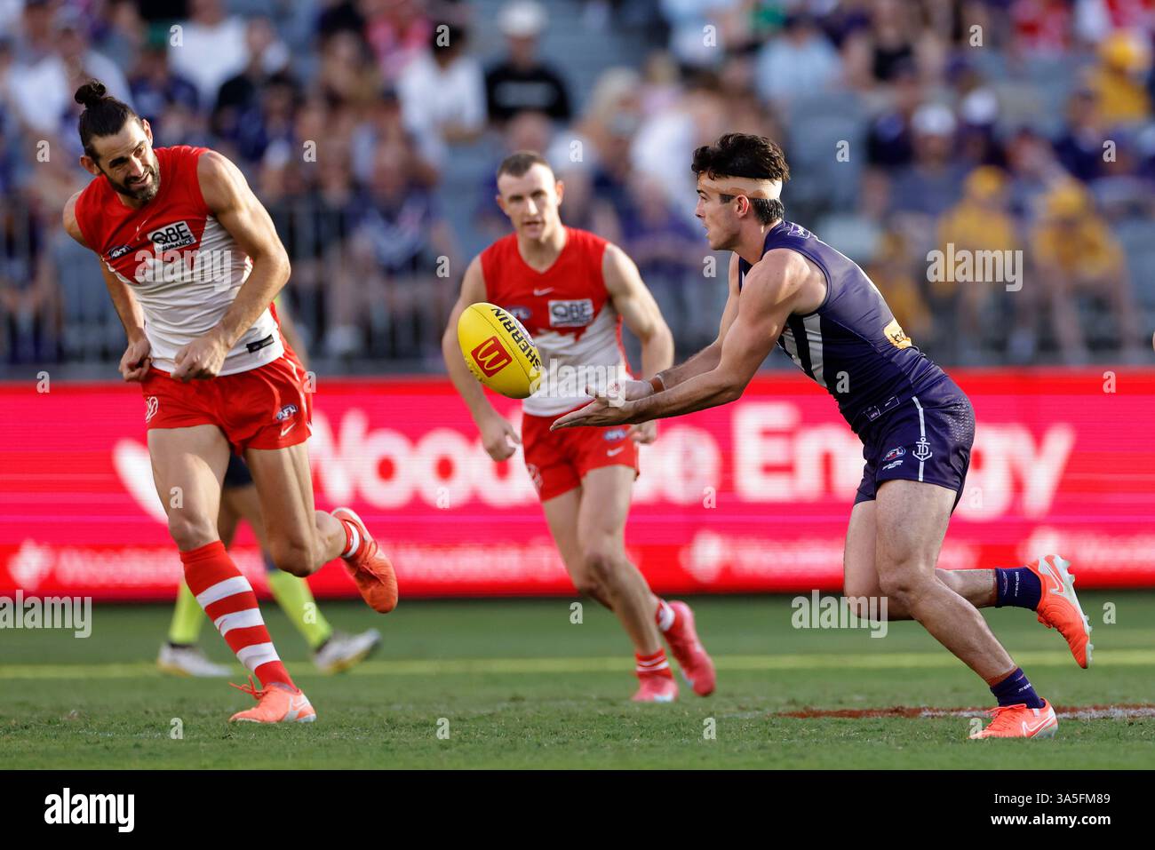 Andrew Brayshaw of the Dockers handballs during the AFL Round 2 match ...