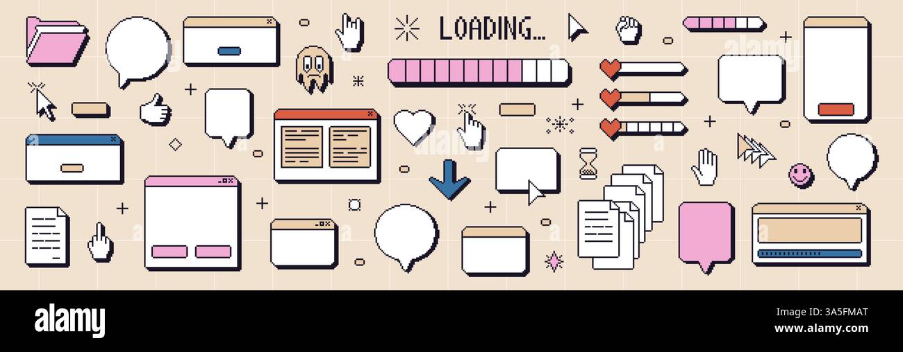 Pixel art windows interface vintage. 8 bit browser and menu elements with cursors and loading ...