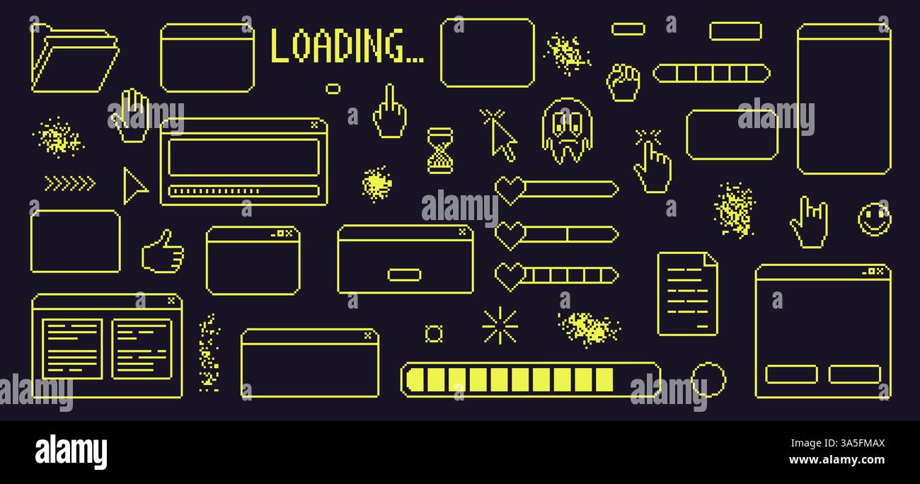 Pixel art retro windows interface. 8 bit text boxes with loading ...
