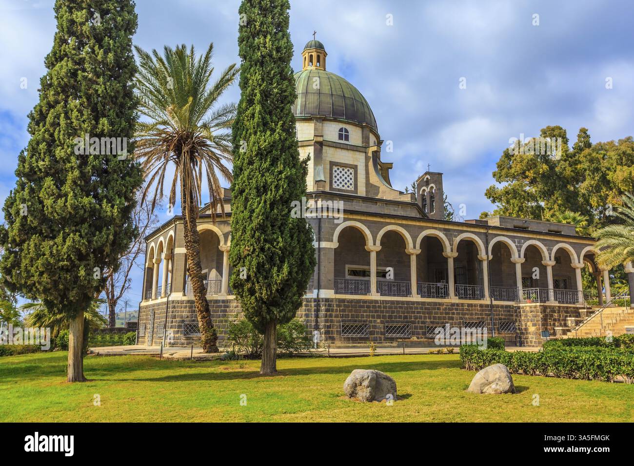 Israel, the shores of Lake Kinneret. Catholic monastery and a small ...