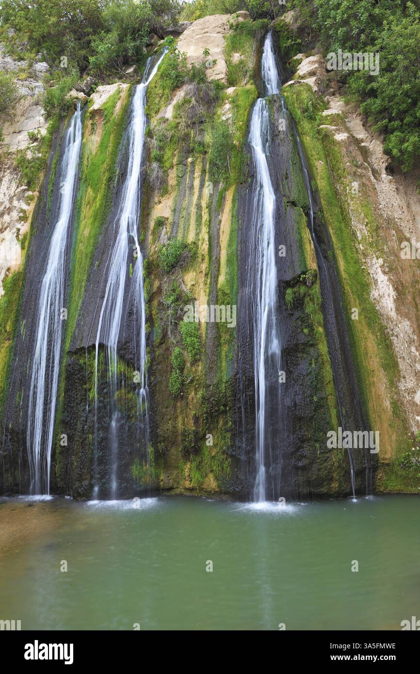 Unusual three-jet waterfall. Three parallel stream running down the ...