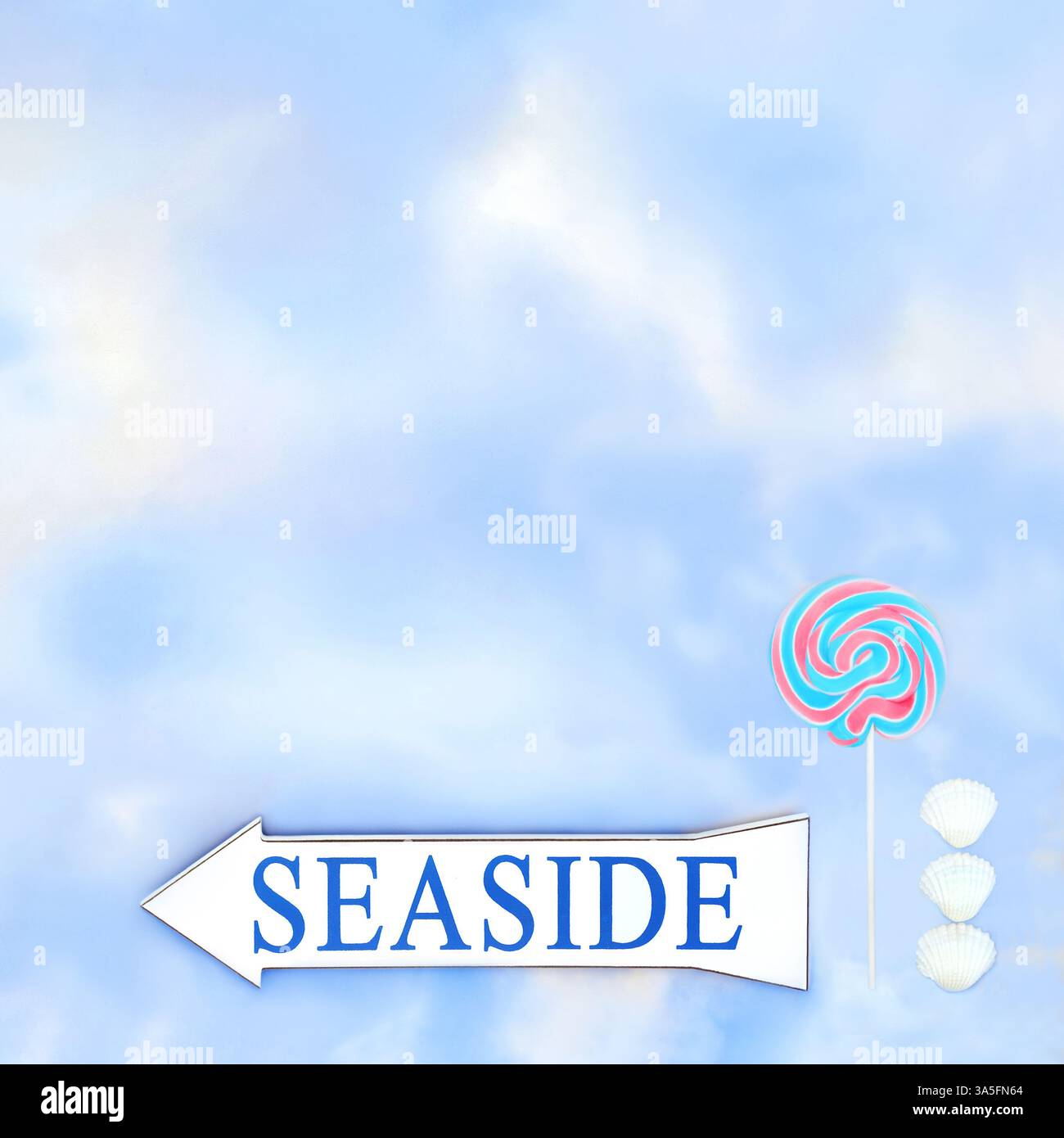 Seaside arrow sign with summer sky, clouds, starfish, rock candy ...