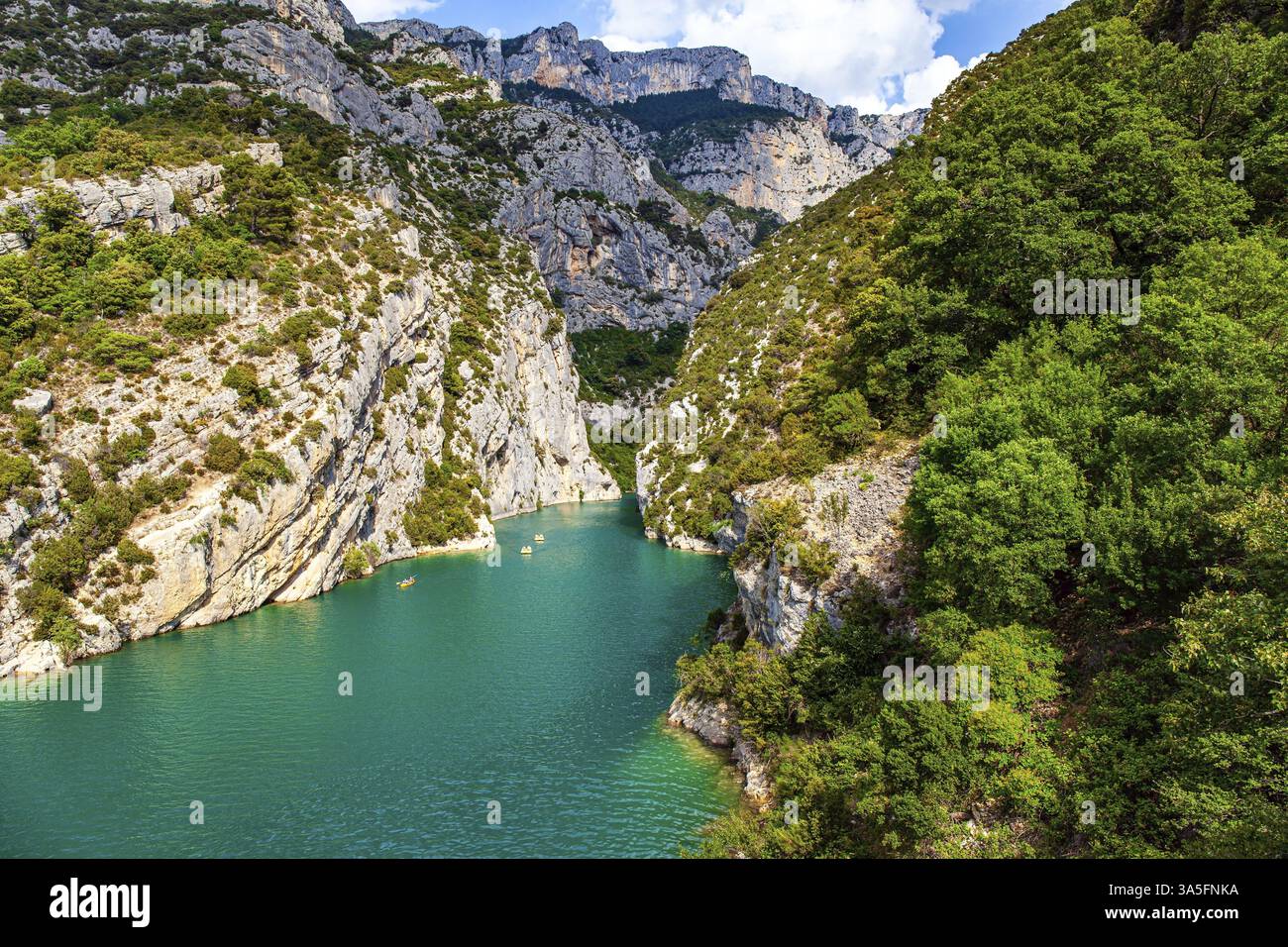 Tourist boats float along the river. Beautiful French Alps. The most ...