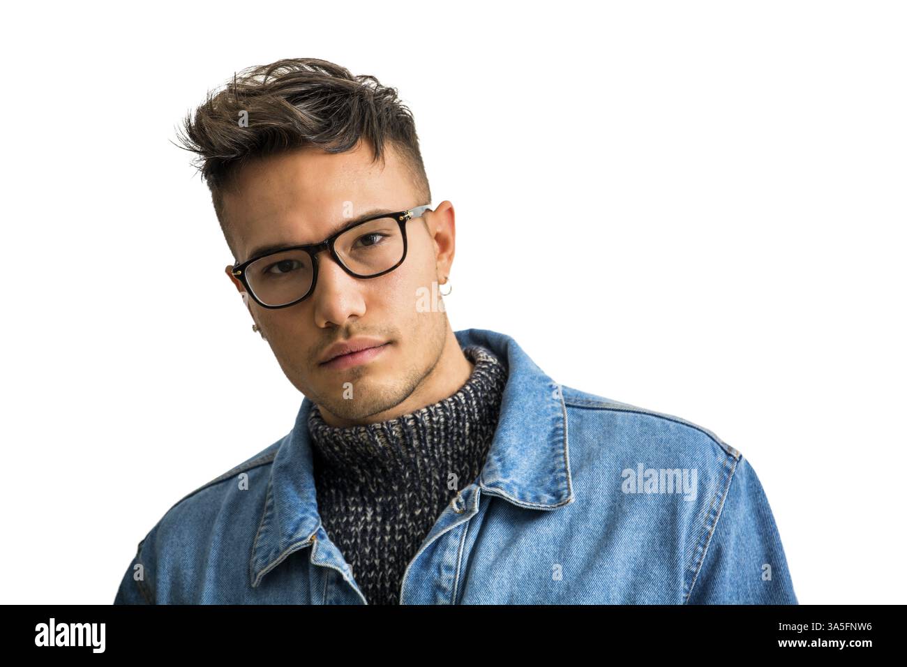 Handsome white asian young man wearing blue denim jacket, standing ...