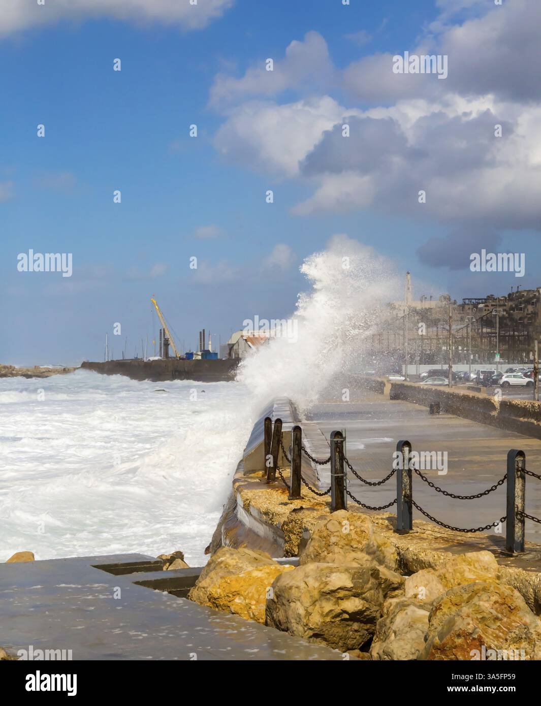 Storm on the Mediterranean Sea. Huge six-meter waves with crests of ...