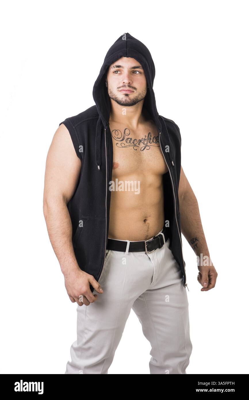 Confident muscular male bodybuilder during bulking phase or mass period ...