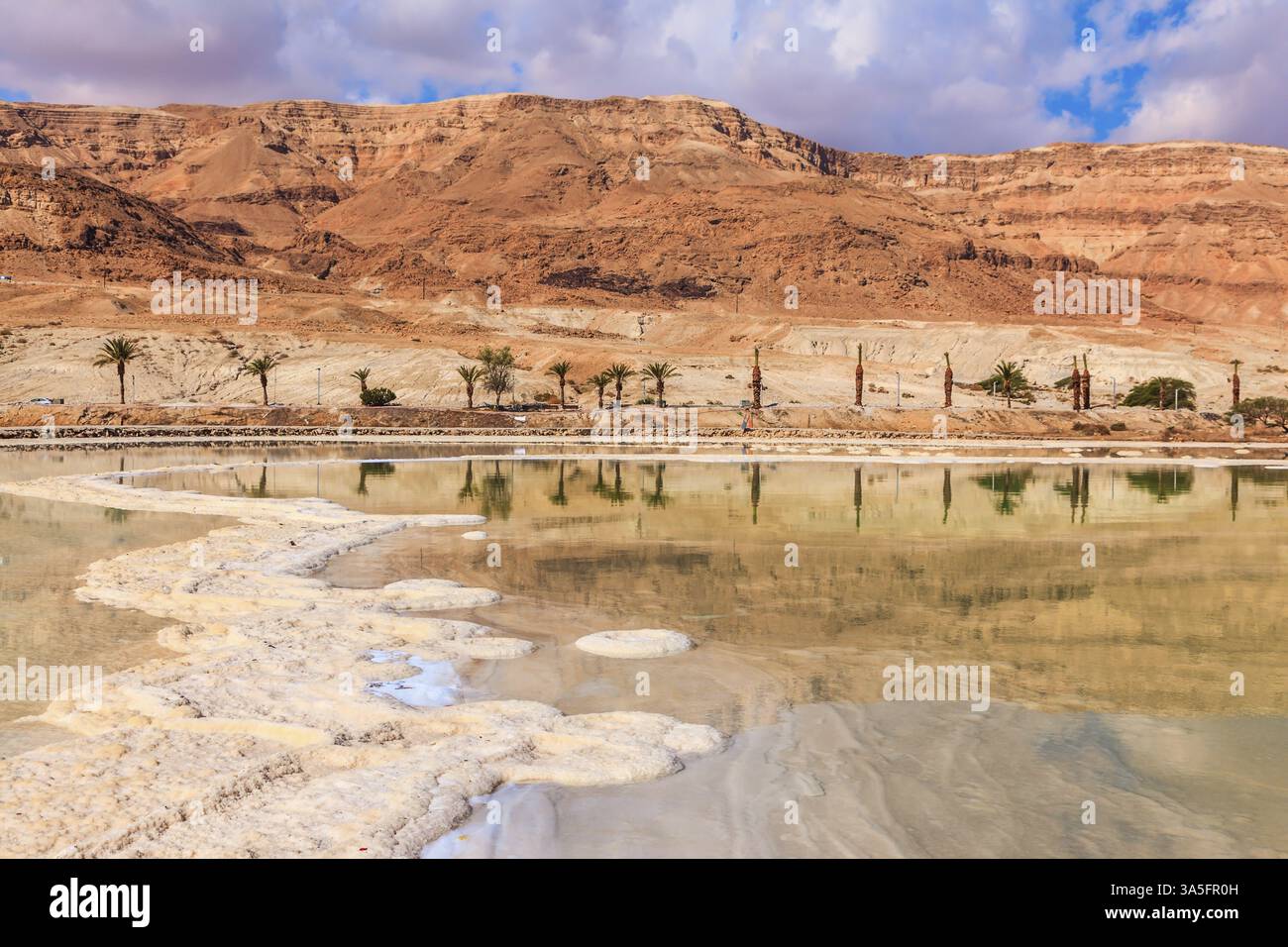 Decrease in water level in the Dead Sea. The evaporated salt acts over ...