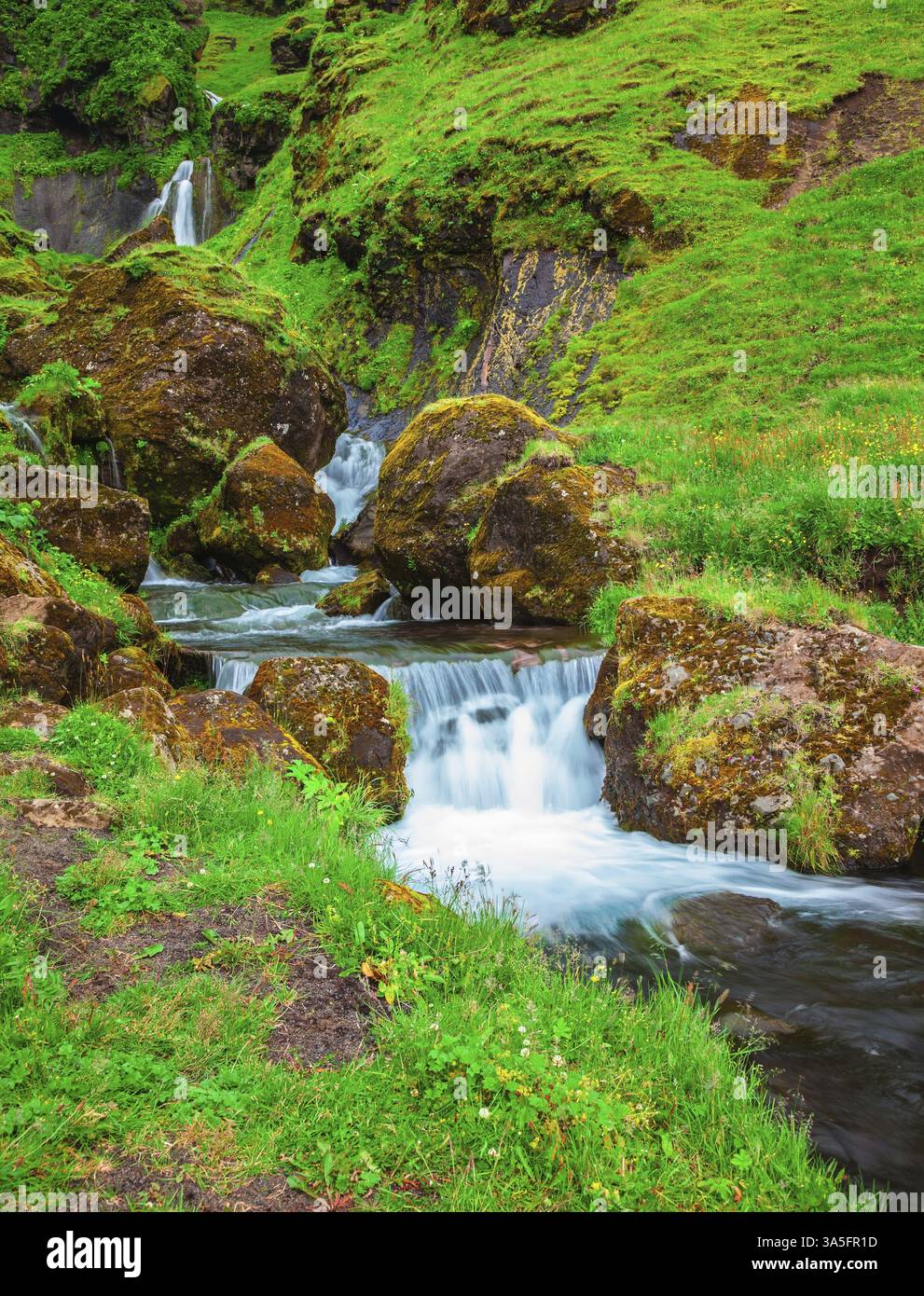 Gorgeous cascading waterfall from melting glacier. Basalt mountains covered in green grass and ...