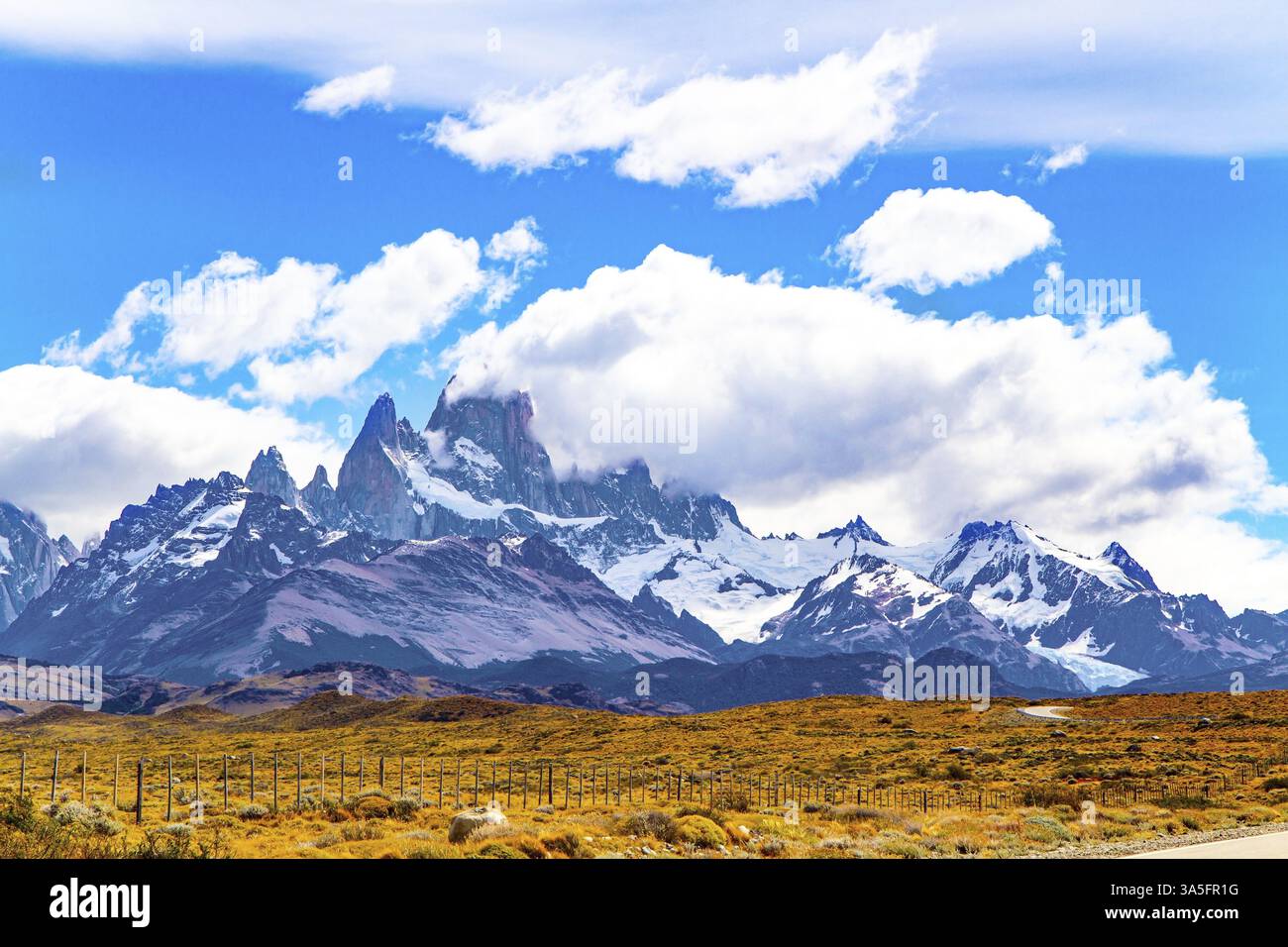 The famous Mount Fitzroy. The peaked rock monoliths are illuminated by ...
