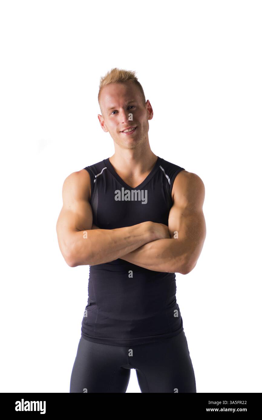 Muscular male model smiling, posing with a lot of confidence, arms ...