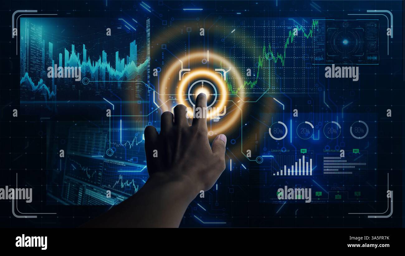 A Hand Interacts With A Futuristic Digital Interface Displaying Graphs