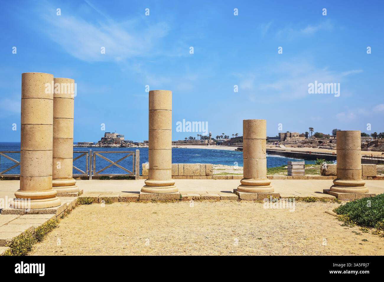 The scenic part of Caesarea National Park. Ancient columns from the ...