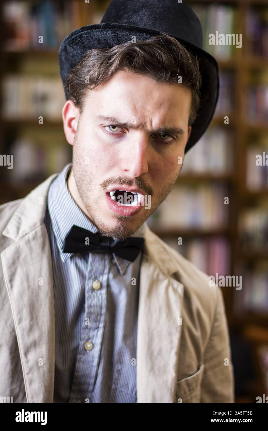Close up Young Handsome White Vampire with Black Top Hat Inside the ...