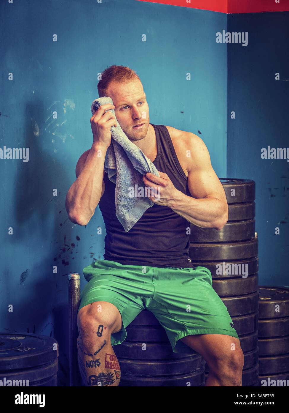 Attractive blond male bodybuilder in shorts and tank-top indoors in gym ...