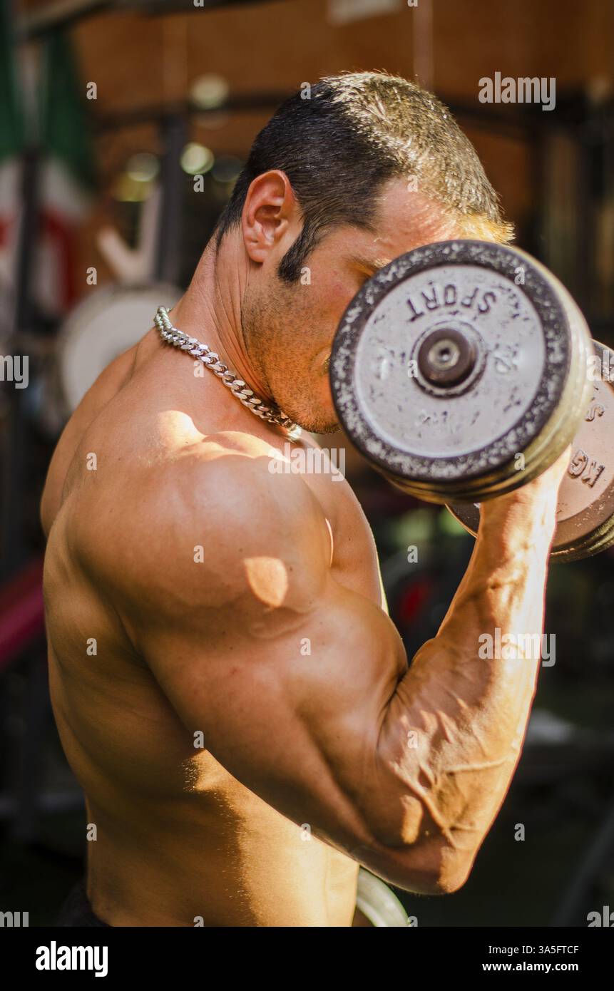 Man working out at the gym, side view of muscular and ripped chest, pecs and arm muscles Stock ...