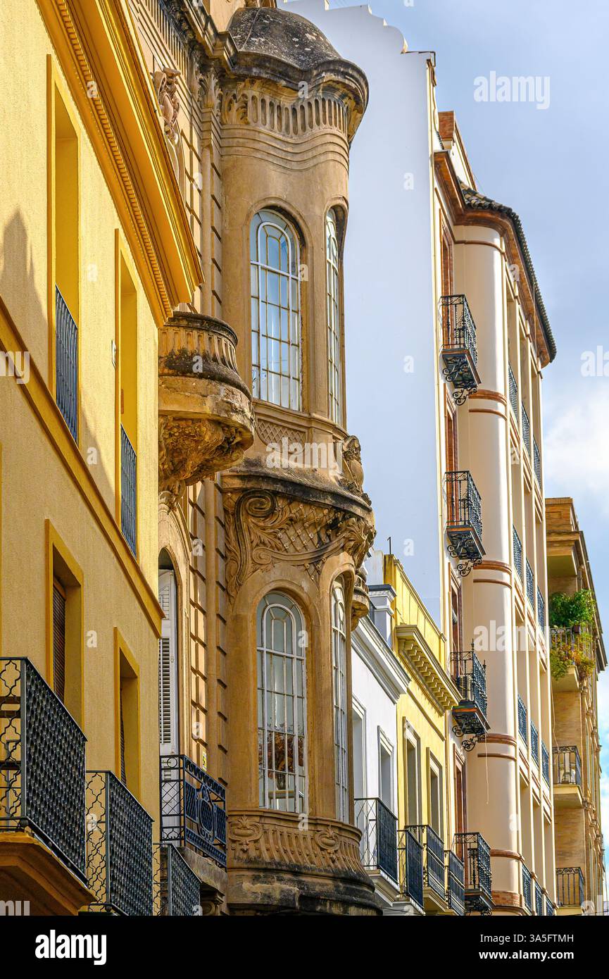 Side view of architectural features of a curved window design, part of ...