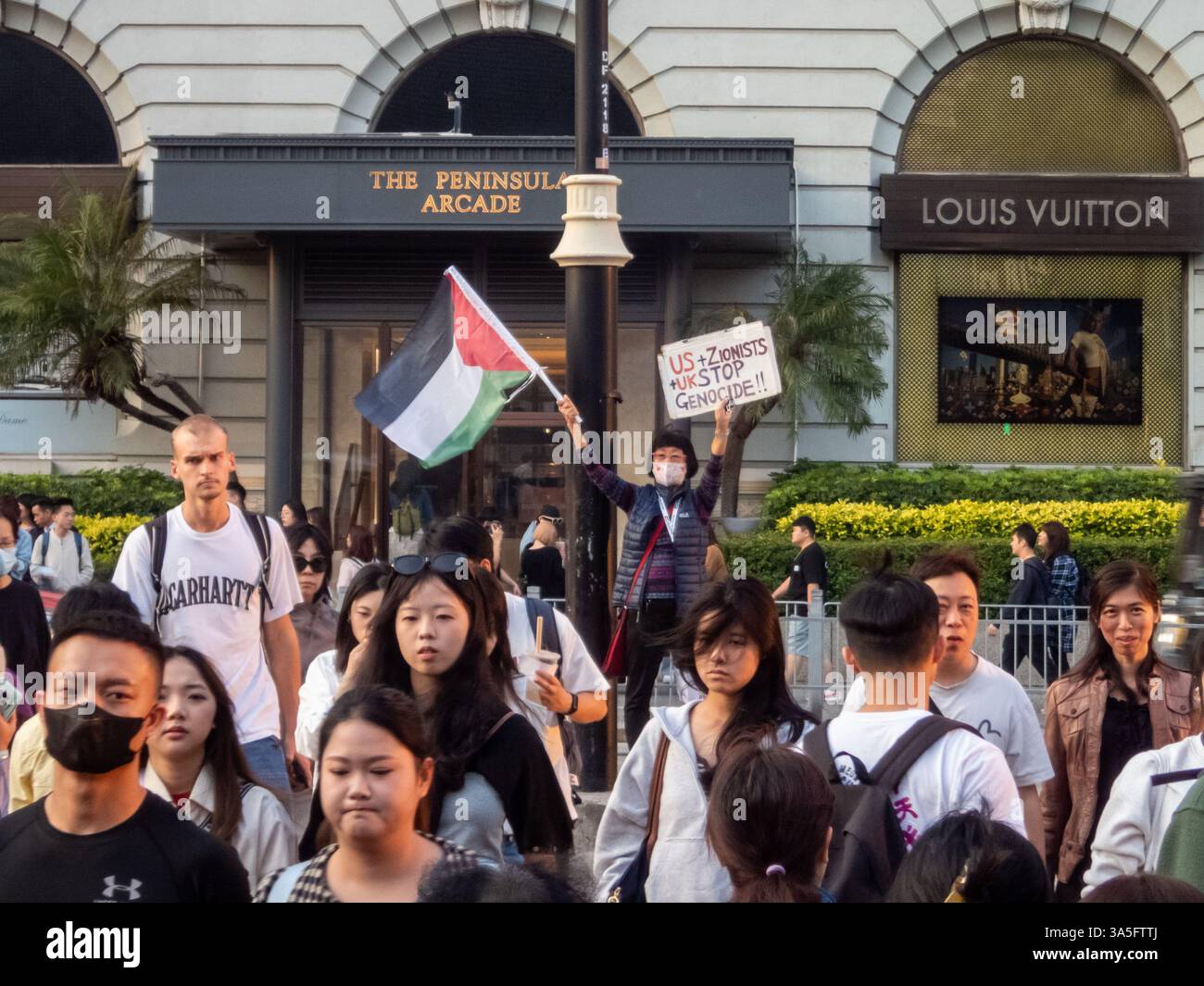 An activist holds a flag of Palestine along with a placard during a ...