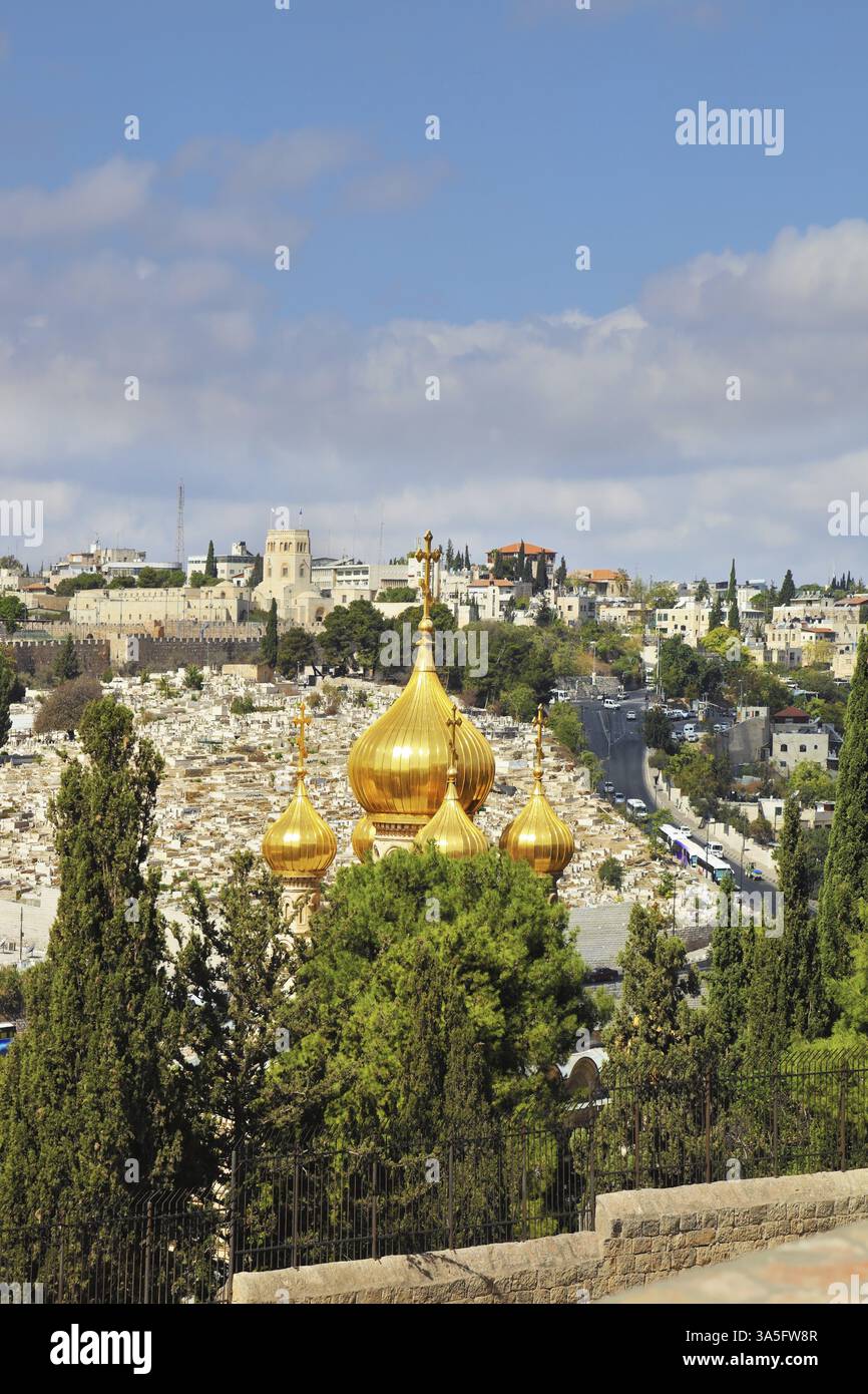 Golden domes of the Church of St. Mary Magdalene. Mount of Olives in ...