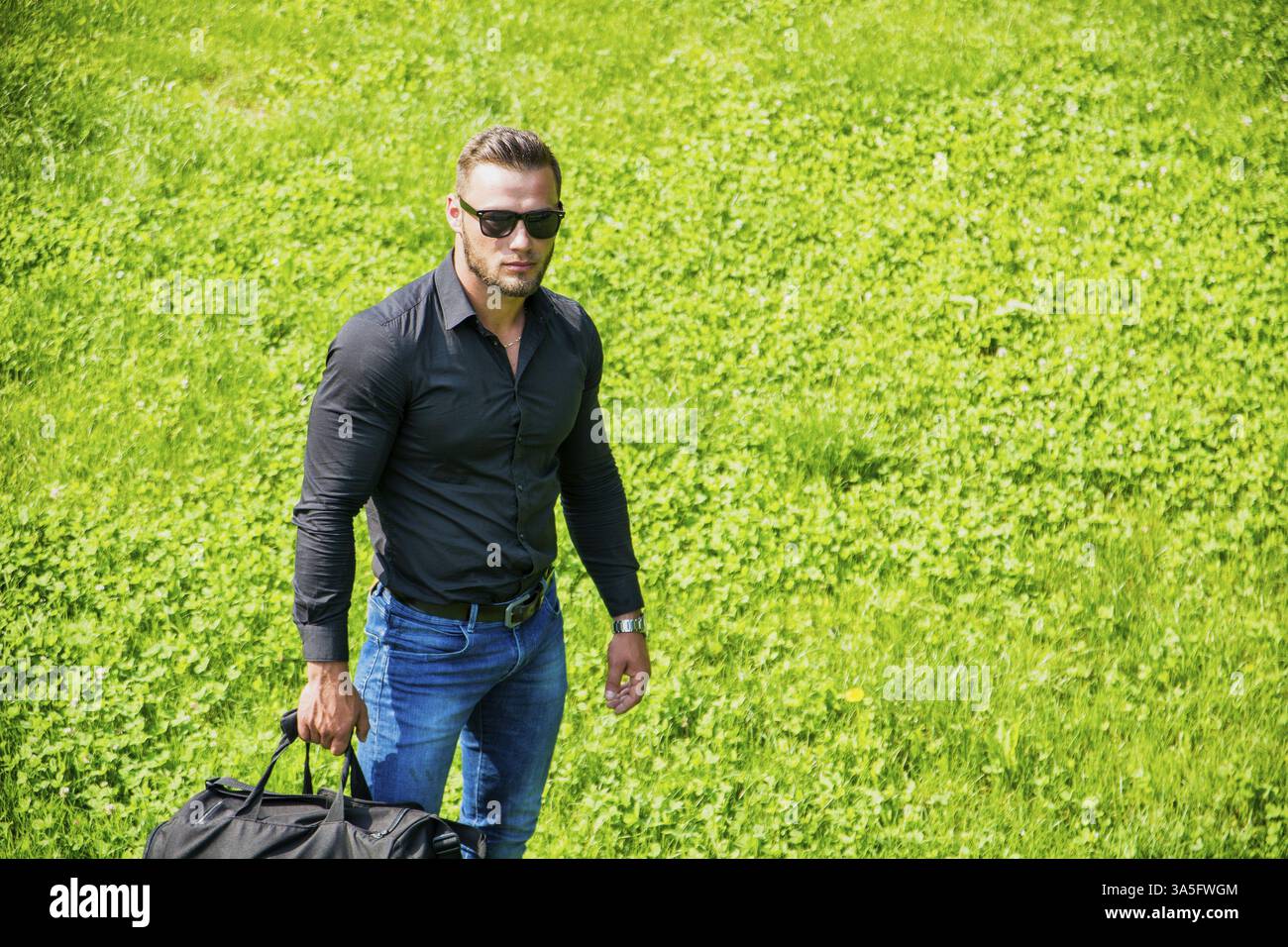 Handsome Muscular Hunk Man Outdoor in City Park, During Daytime ...