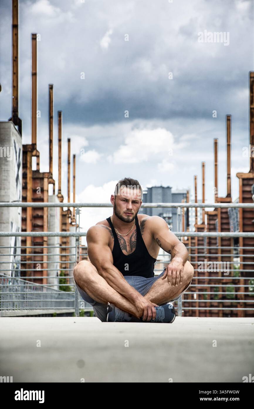 Handsome Muscular Hunk Man Outdoor in City Setting. Showing Healthy ...