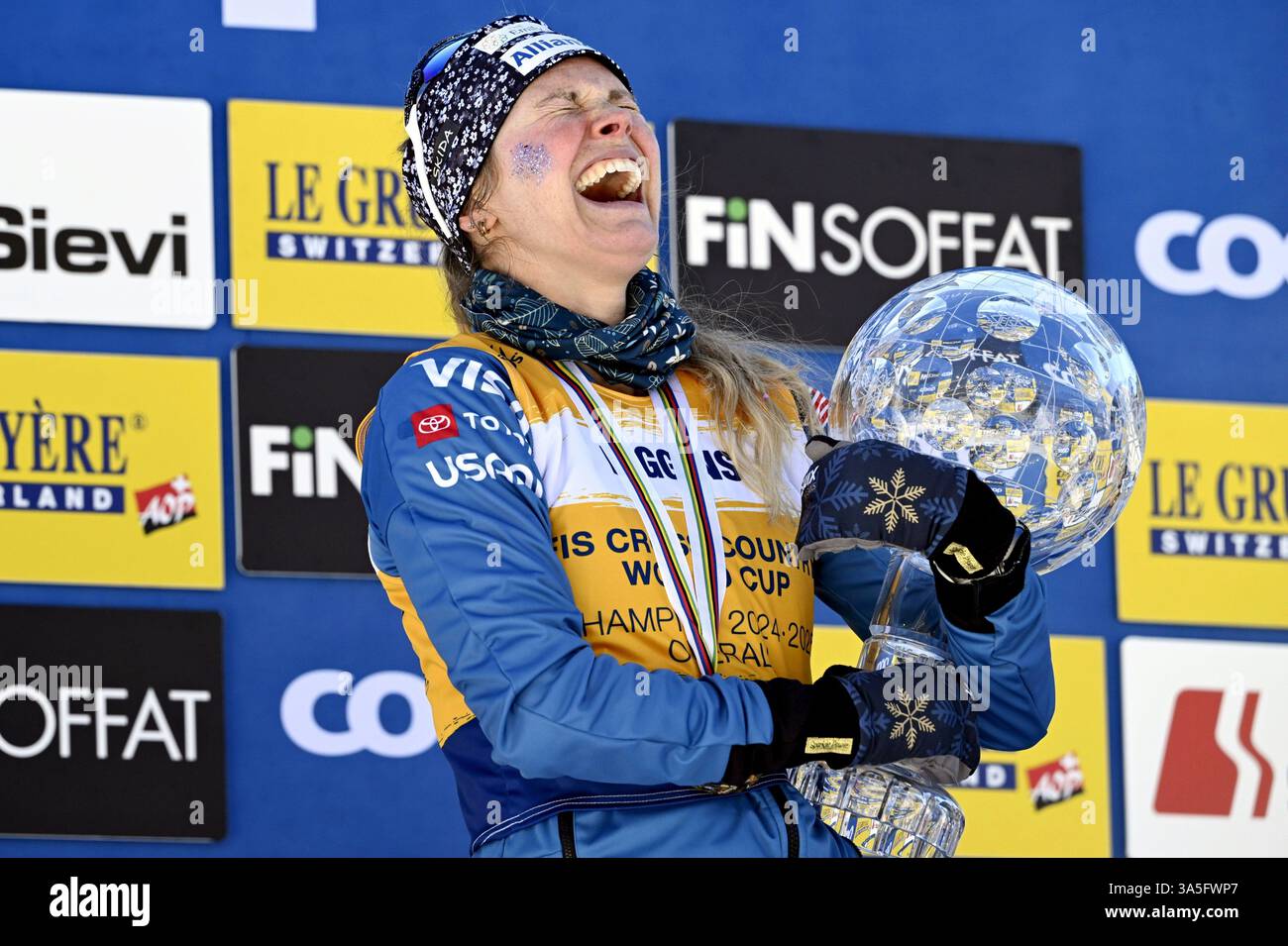 Women's cross country skiing World Cup overall winner Jessie Diggins of USA celebrating on the ...