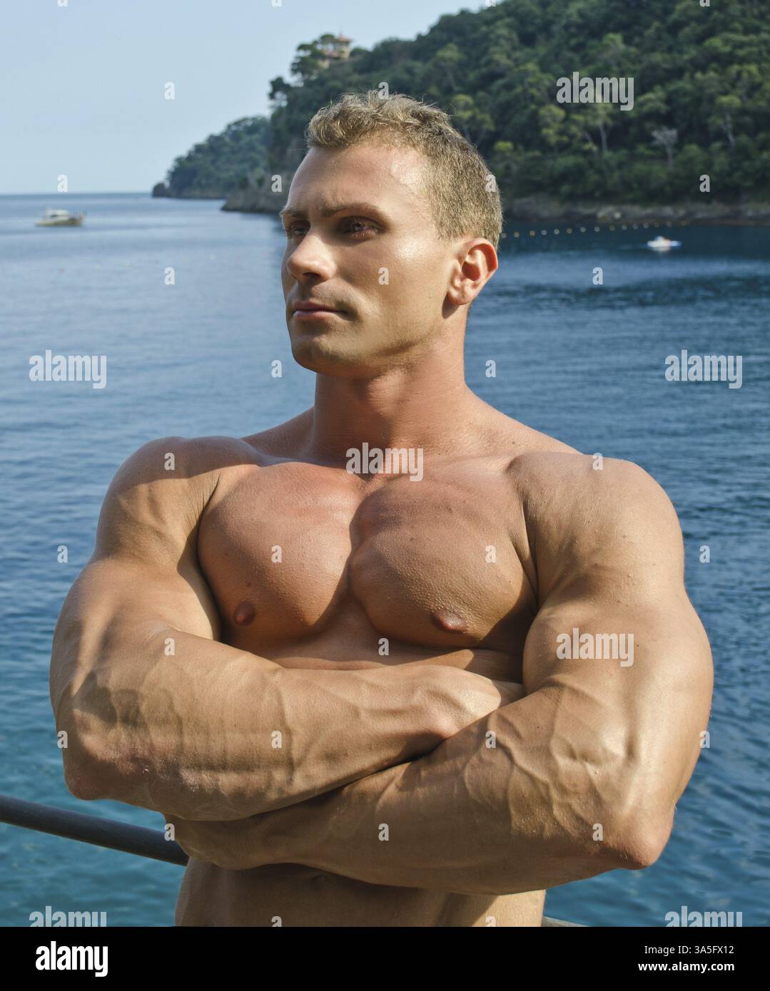 Handsome young bodybuilder, outdoors with arms crossed and the sea ...