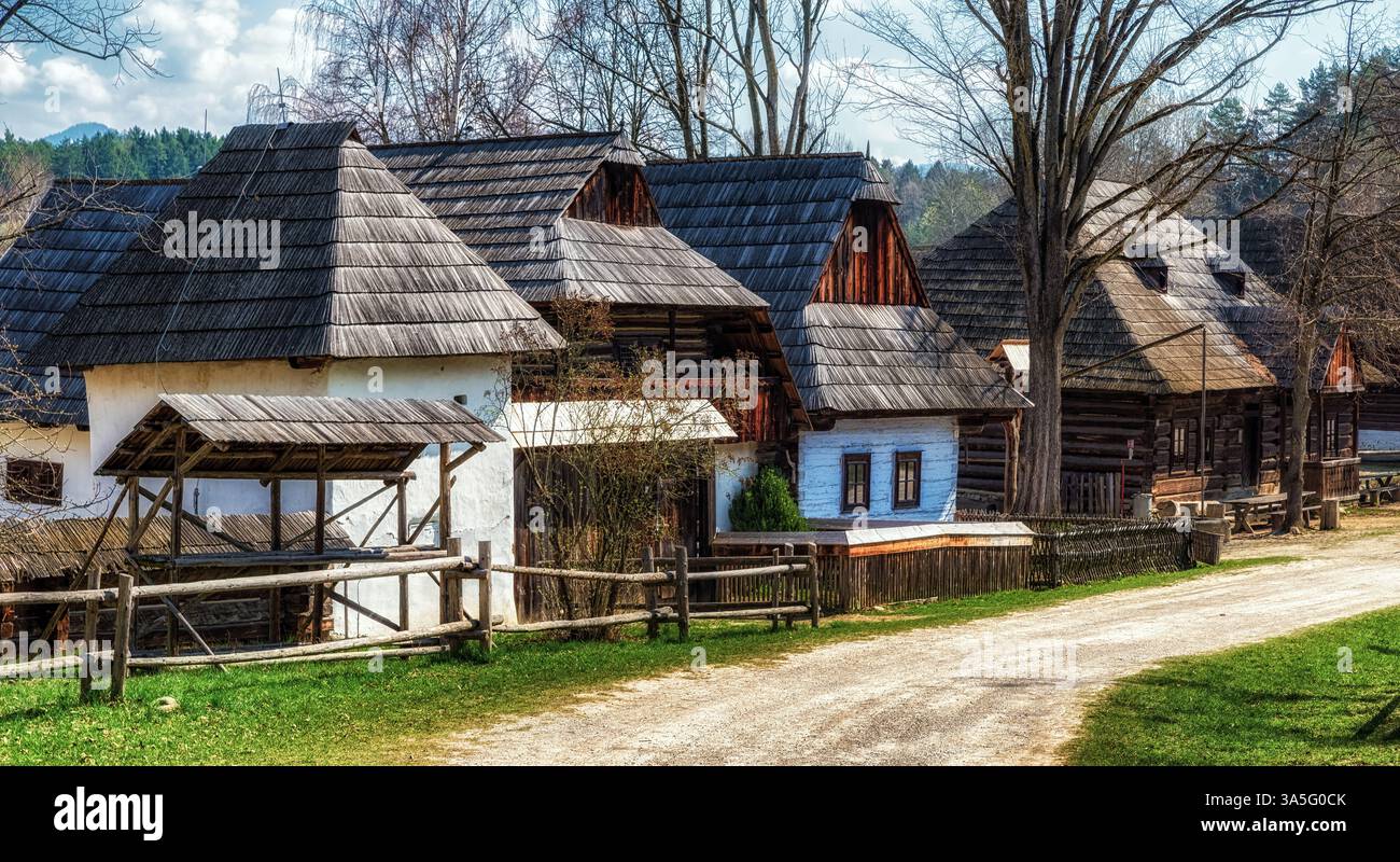 Old rural cottages in musem of the Slovak village in Martin. Folk ...