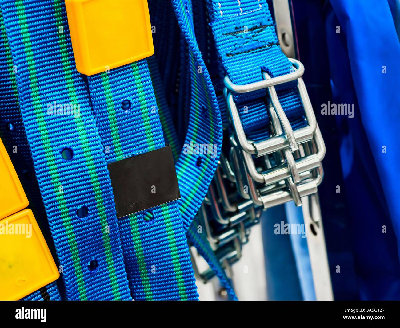 Cargo belts displayed for transport solutions in a warehouse ...