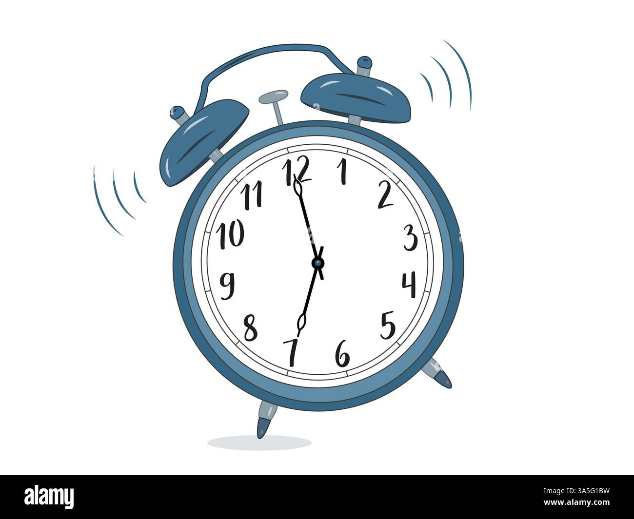 Illustration of a classic mechanical alarm clock with a hammer clanging. The clock face shows 7: ...