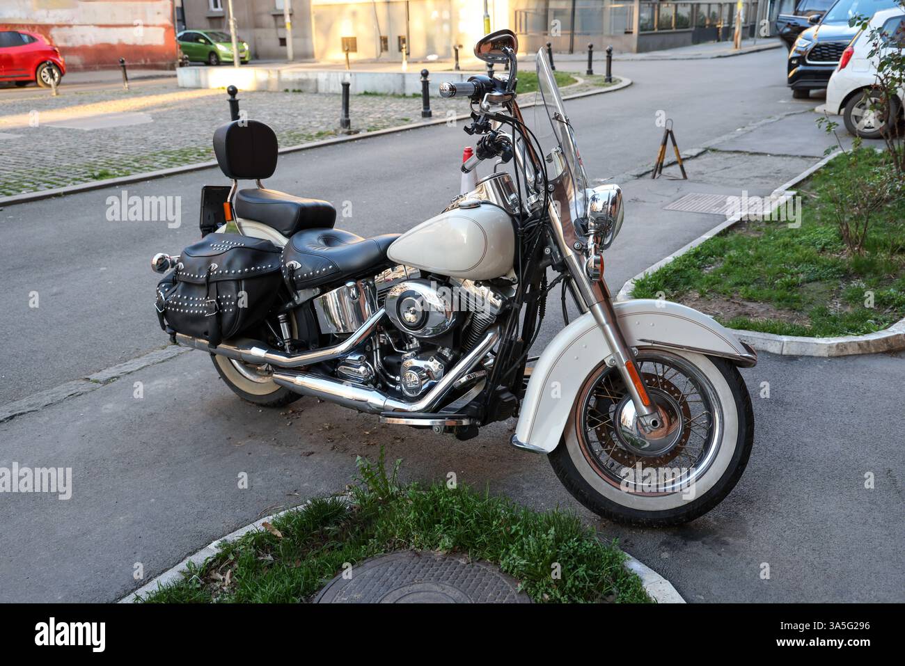 A classic cruiser motorcycle with chrome details and leather saddlebags ...