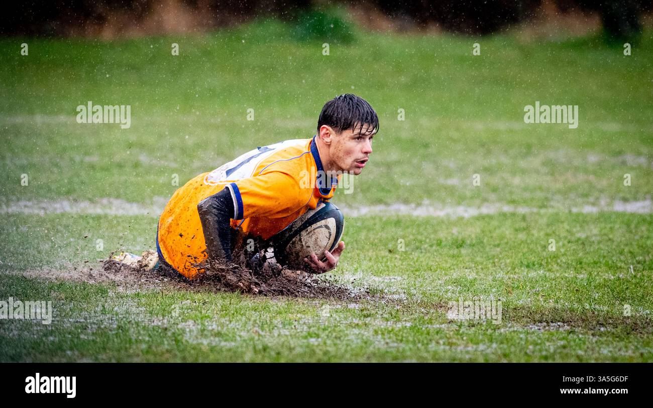 Mens amateur Rugby Union player sliding along the pitch during a rain ...