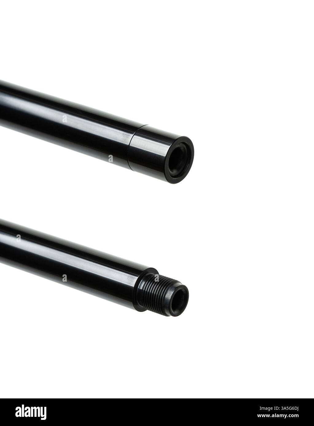 A close-up of a rifle barrel with a threaded end, designed for ...