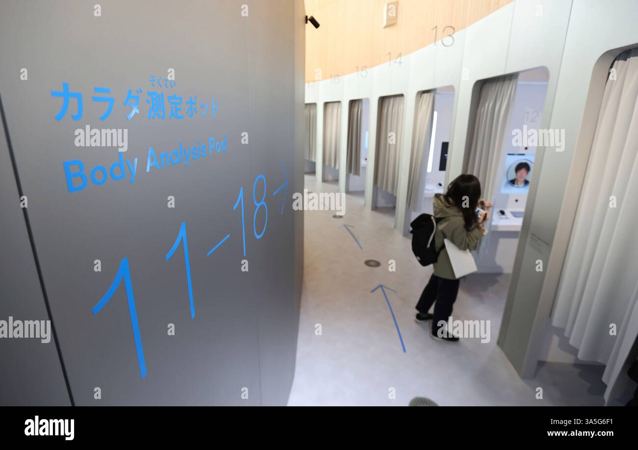 Photo shows a body measurement pod that measures seven health data ...