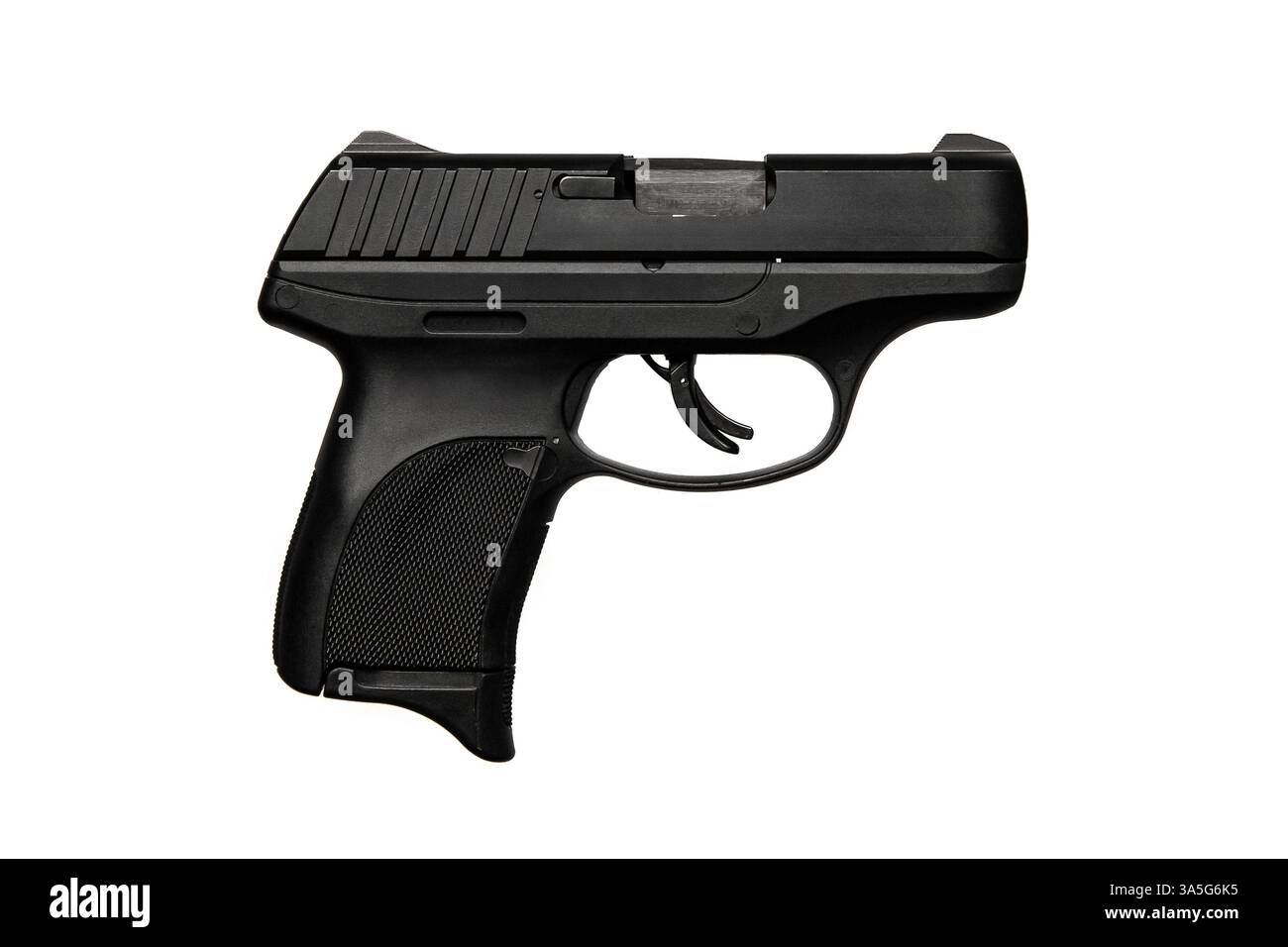A black semi-automatic handgun with a textured grip, visible trigger ...