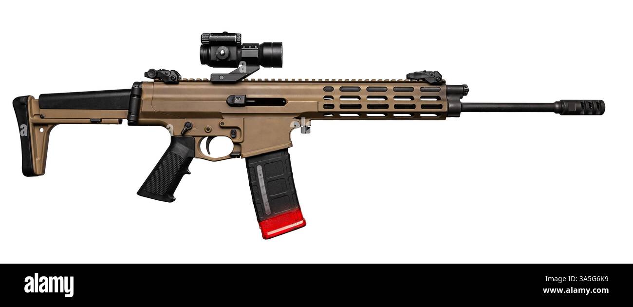 A modern tactical rifle with a tan and black finish, equipped with a ...