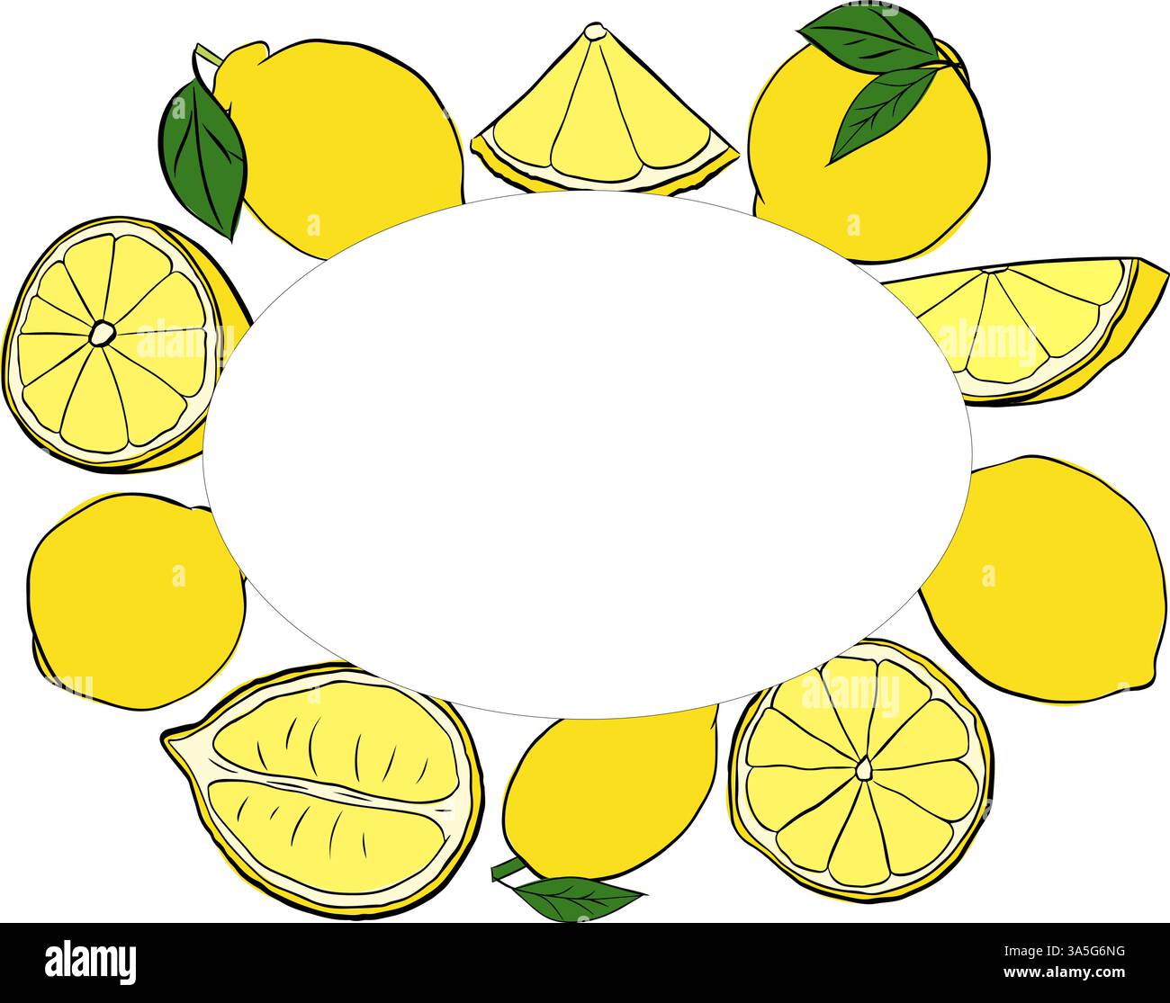 Lemon fruit and slices oval frame hand drawn design. Vector graphic ...