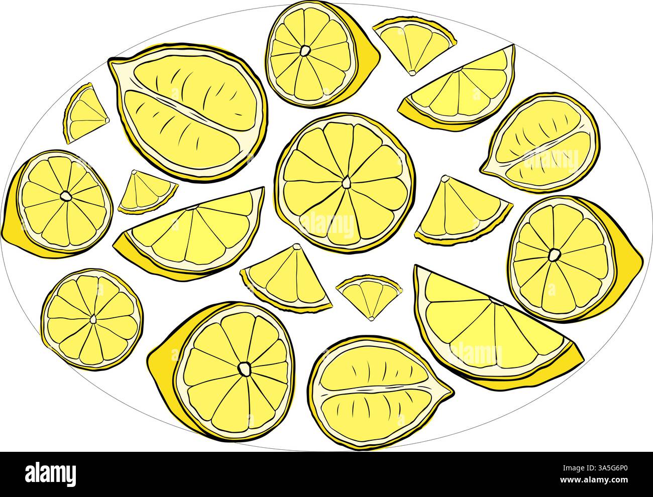 Lemon slices oval composition. Vector yellow graphic line ink ...