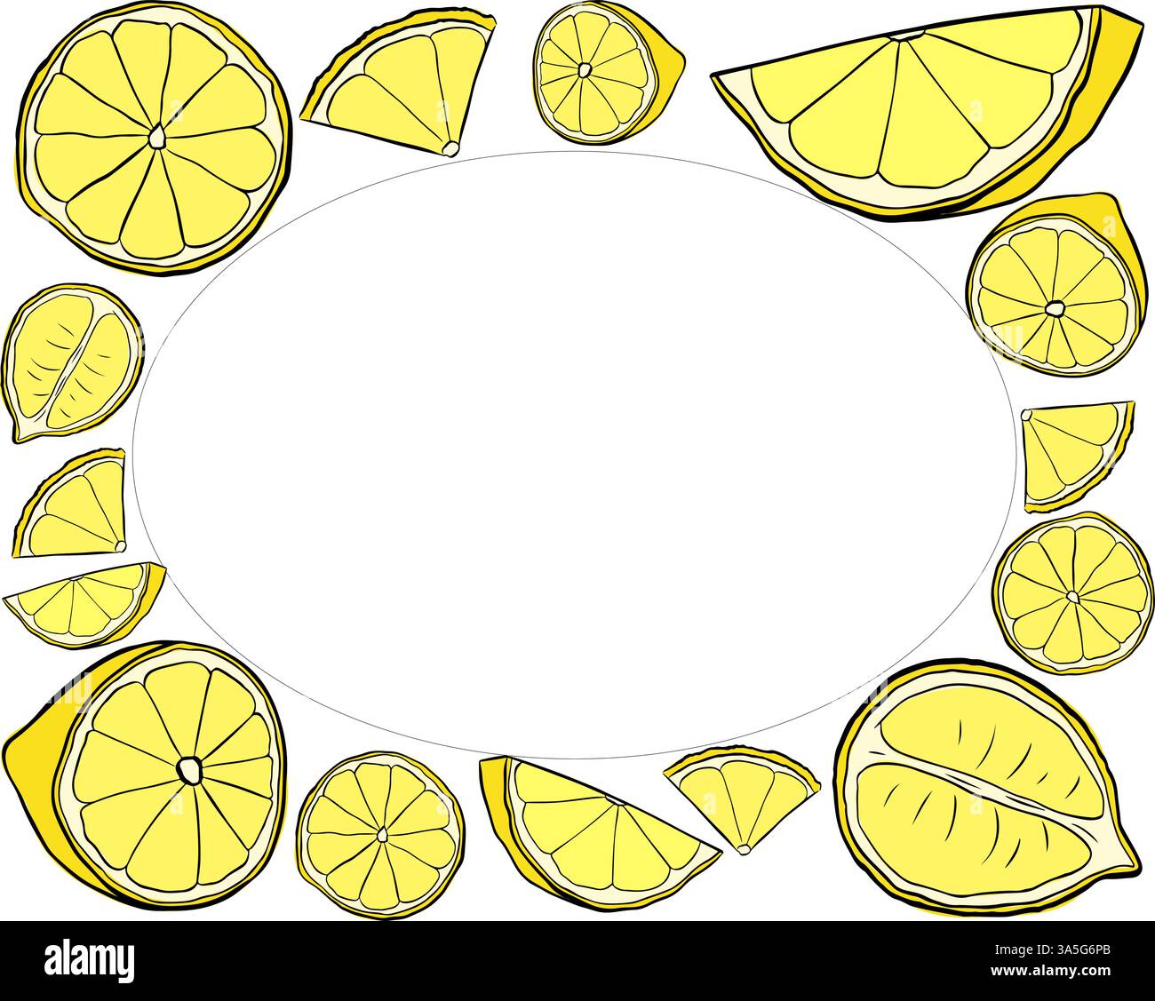 Yellow lemon slices rectangle frame. Vector graphic line ink text frame ...