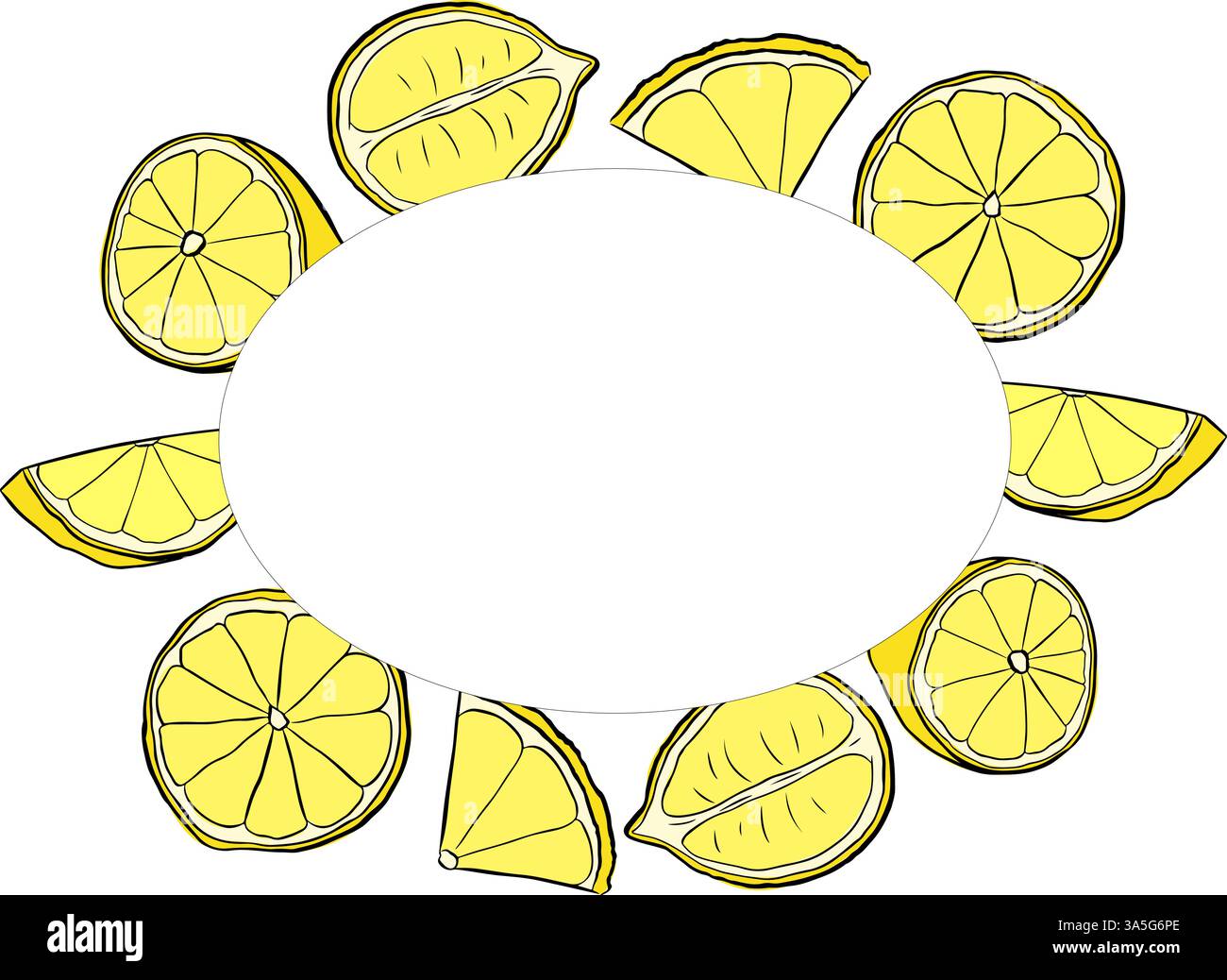 Lemon slice oval frame vector drawing. Hand drawn summer illustration ...