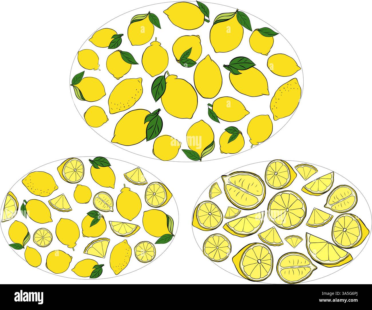 Yellow lemon whole with leaves oval composition set. Vector graphic ...