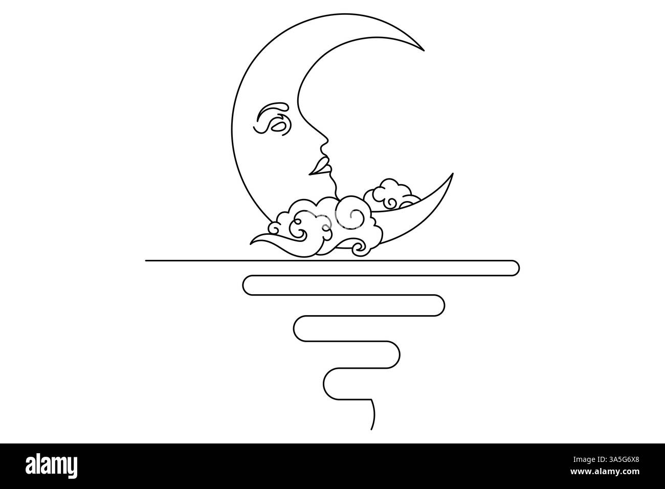 Continuous one line art of moon icon ramadan isolated outline vector ...