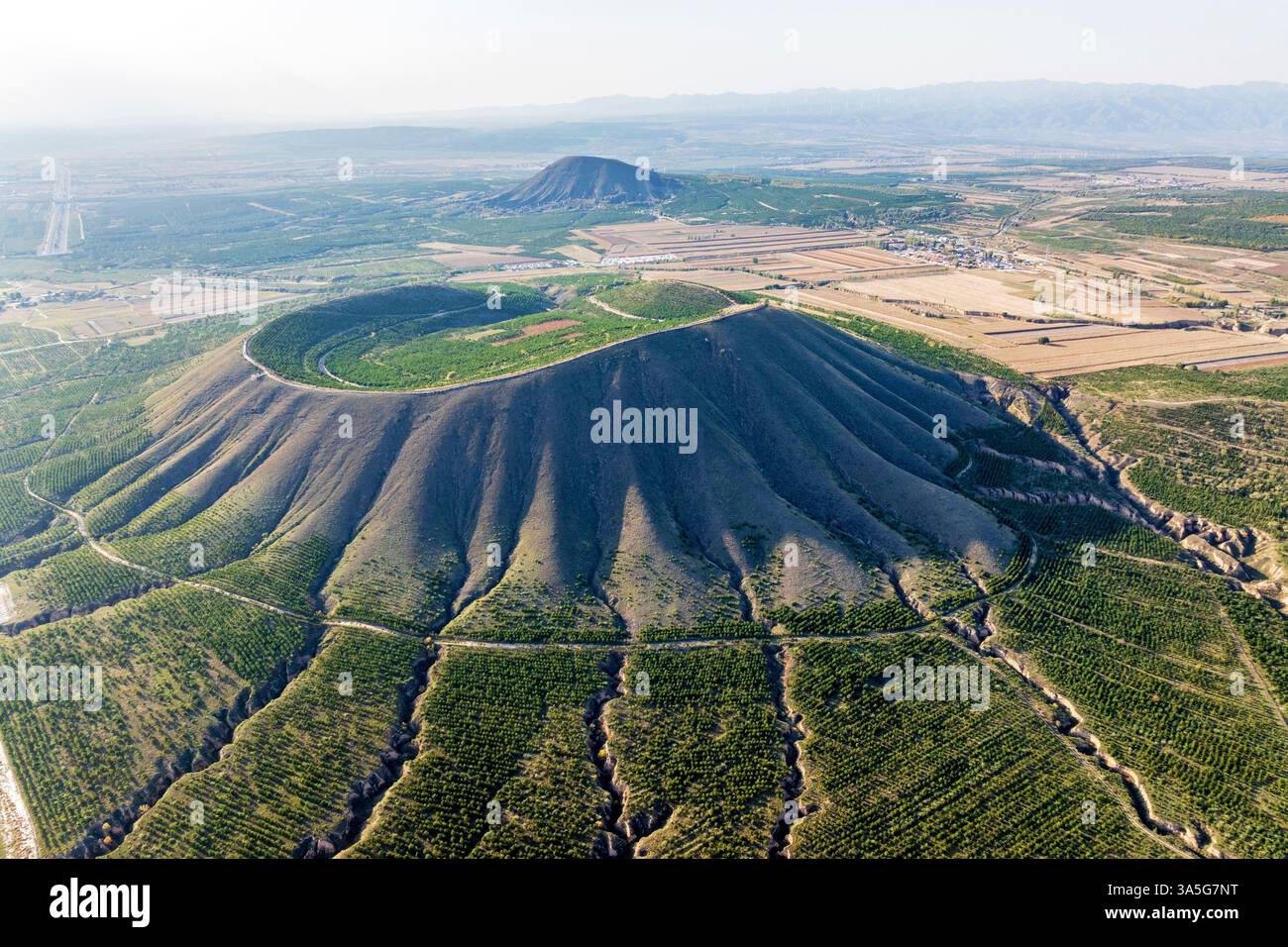 Aerial view of an eroded extinct volcano in the volcano geologic park ...