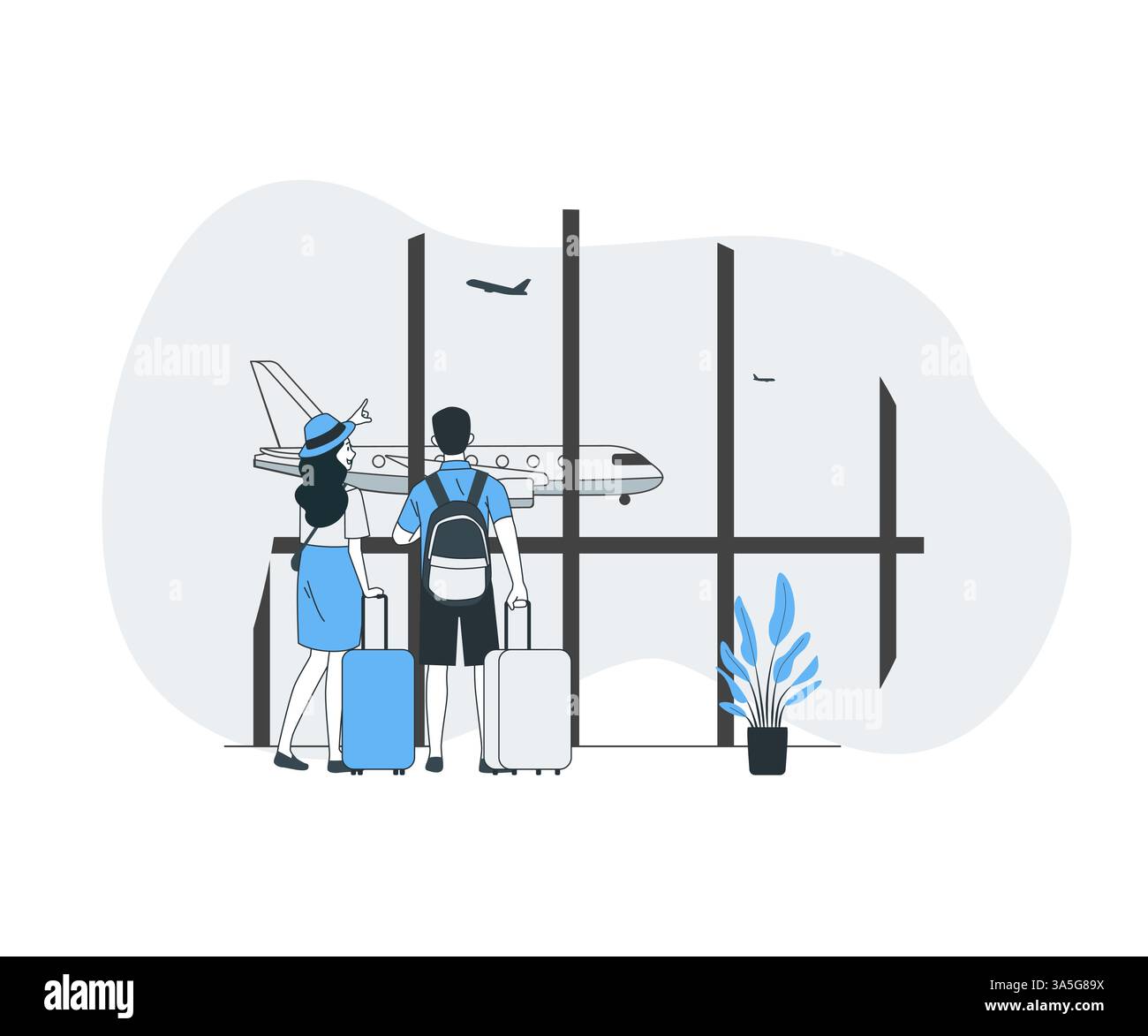 Flat Minimalist Travel Illustration – Family Vacation, Airplane Journey, and Holiday Trip Vector ...
