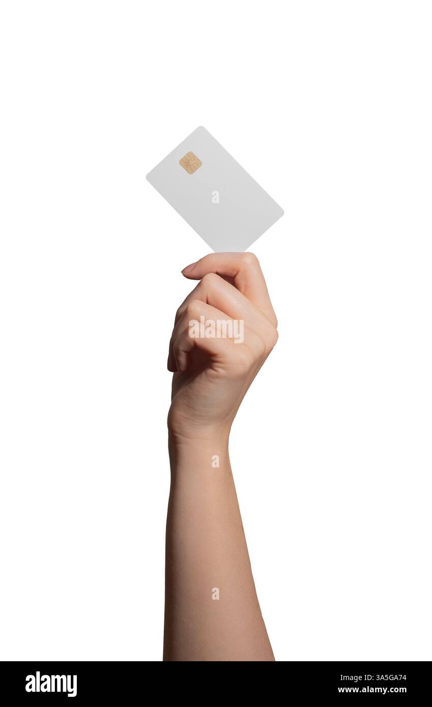 Card held in hand, presenting blank space. Female wrist with credit ...