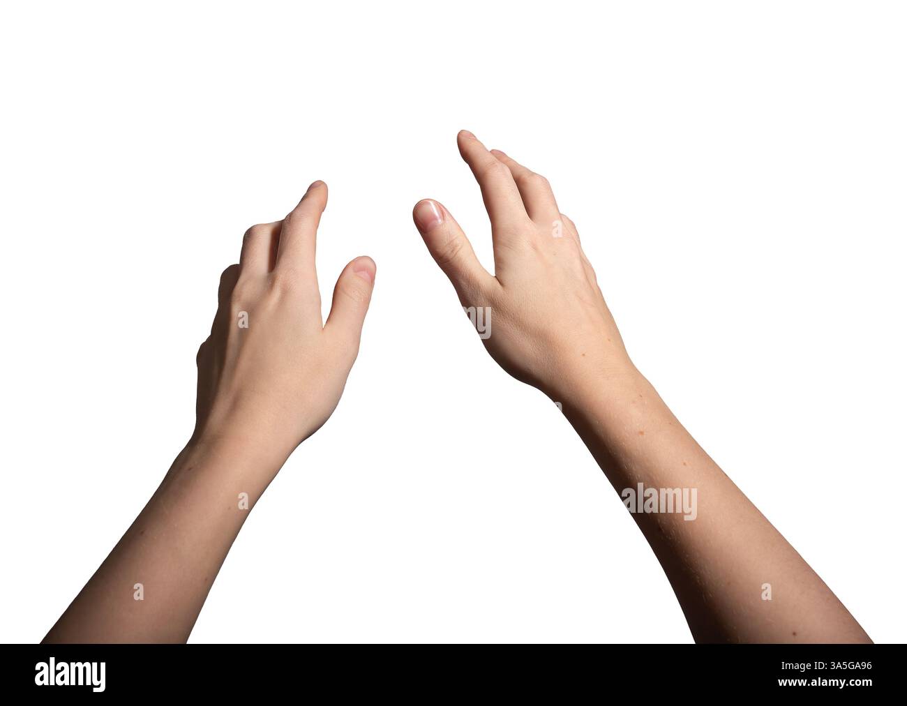 Both hands outstretched with fingers spread wide, reaching forward in ...