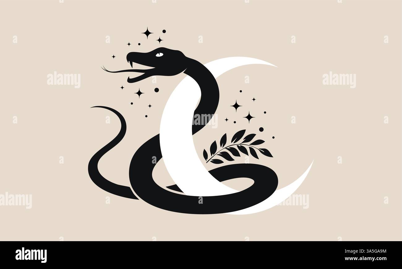 Mystical snake over crescent moon, wicca banner celestial sign. Pagan ...