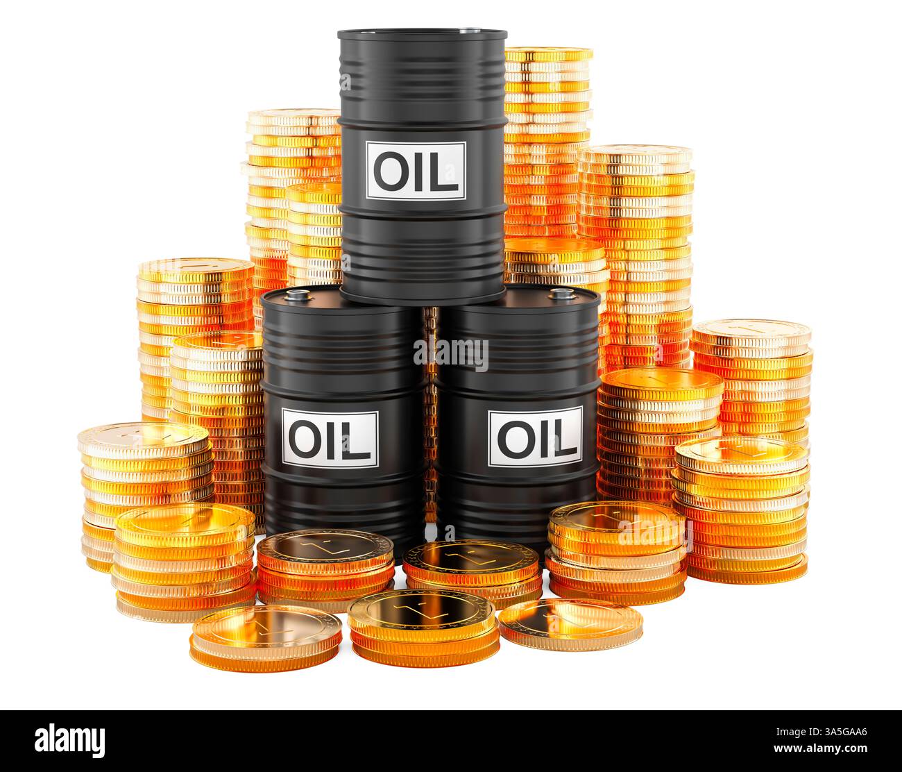 Oil production and trading, concept. Oil barrels with stack of golden ...